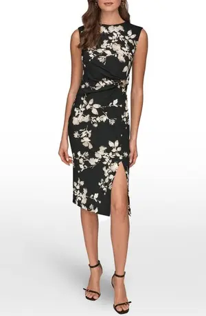Donna Karan New York Floral Side Ruched Sheath Dress - Black Multi