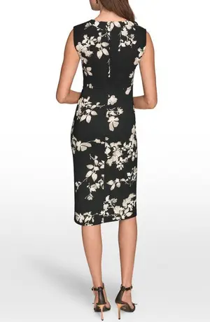 Donna Karan New York Floral Side Ruched Sheath Dress - Black Multi