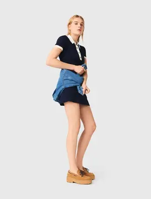 Maje Blue Rib Knit Polo Dress With White Contrast Trim - Navy