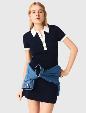 Maje Blue Rib Knit Polo Dress With White Contrast Trim - Navy