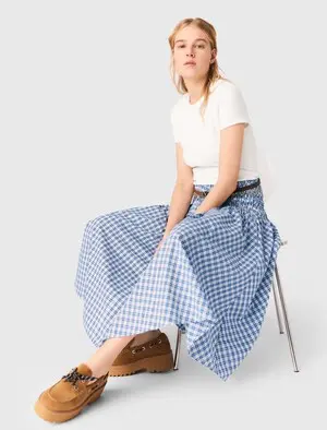Maje Cotton Rhinestone Maxi Skirt - Blue Check Print