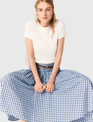 Maje Cotton Rhinestone Maxi Skirt - Blue Check Print