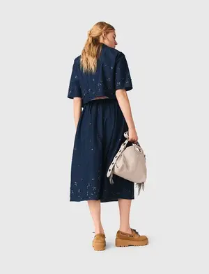 Maje Embroidered Cropped Denim Shirt - Navy