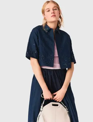 Maje Embroidered Cropped Denim Shirt - Navy