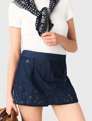 Maje Embroidered Denim Skort - Navy