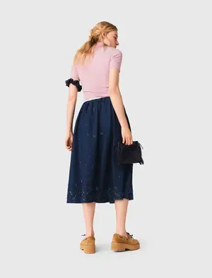 Maje Embroidered Denim Midi Skirt - Navy