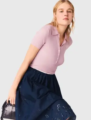Maje Embroidered Denim Midi Skirt - Navy