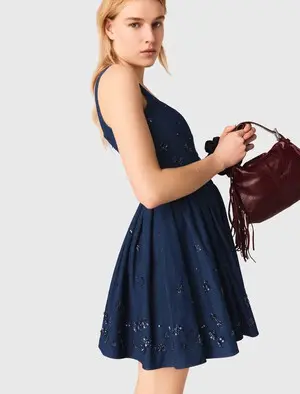 Maje Flared Embroidered Denim Dress - Navy