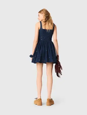Maje Flared Embroidered Denim Dress - Navy