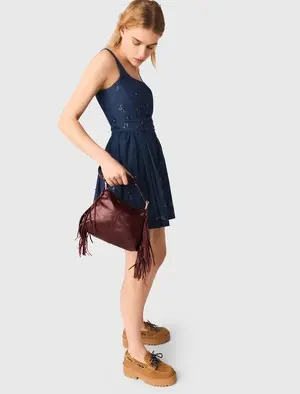 Maje Flared Embroidered Denim Dress - Navy
