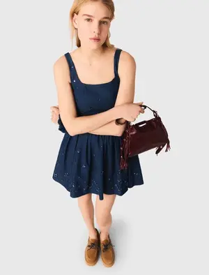 Maje Flared Embroidered Denim Dress - Navy