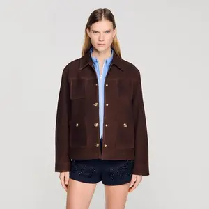 Sandro Straight-cut Suede Jacket - Black Brown