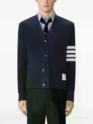 Thom Browne V-neck Cardigan With Logo Patch - Blue