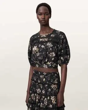 ALLSAINTS Peony Lace Trim Cropped Top - Black