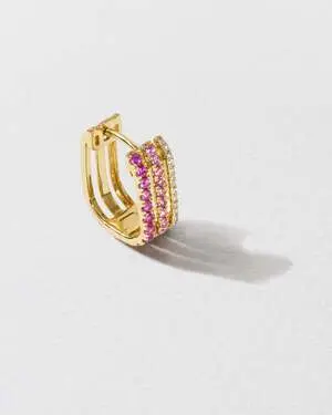 ROXANNE FIRST Triple Diamond & Pink Sapphire Row Hoop Earring - Yellow Gold