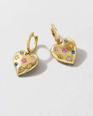 ROXANNE FIRST Rainbow Sapphire Confetti Heart Hoop Earrings - Yellow Gold