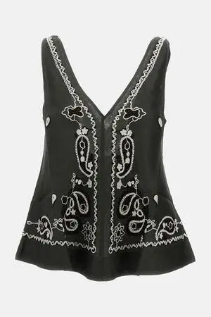 PAROSH Embroidered Linen Top - Green