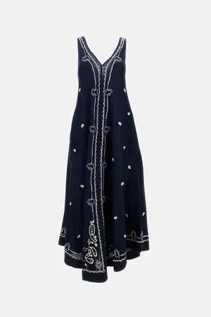 PAROSH Embroidered Linen Dress - Blue