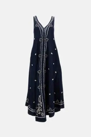 PAROSH Embroidered Linen Dress - Blue