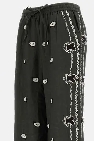 PAROSH Embroidered Linen Wide Leg Trousers