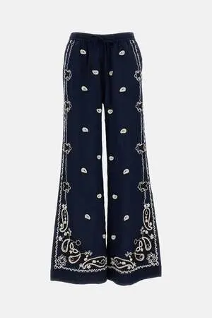 PAROSH Embroidered Linen Trousers - Blue