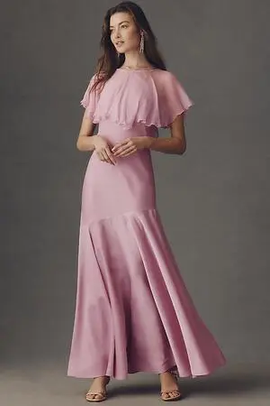 Bhldn Clara Satin Gown With Cape - Cherry Blossom Pink