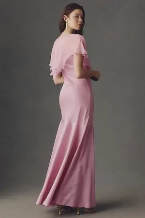 Bhldn Clara Satin Gown With Cape - Cherry Blossom Pink