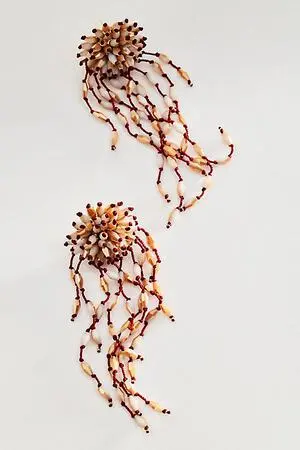 Anthropologie Beaded Fringe Statement Earrings - Peach