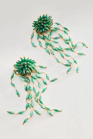 Anthropologie Beaded Fringe Statement Earrings - Teal