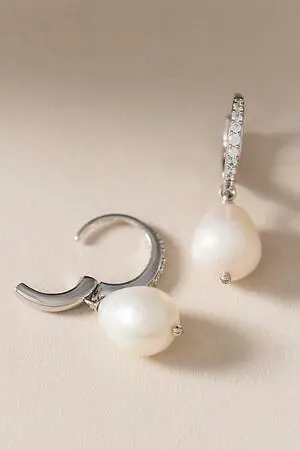 Nadri Madrid Freshwater Pearl Drop Hoop Earrings - Silver