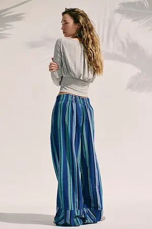 Free People Day's End Linen Striped Pull-on Pants - Navy Combo