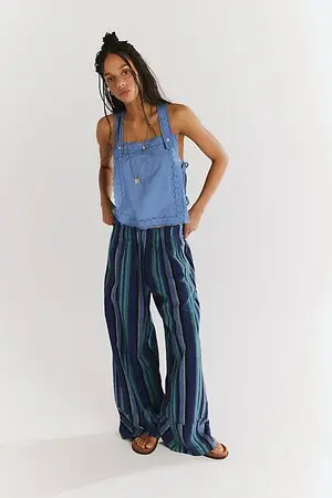 Free People Day's End Linen Striped Pull-on Pants - Navy Combo
