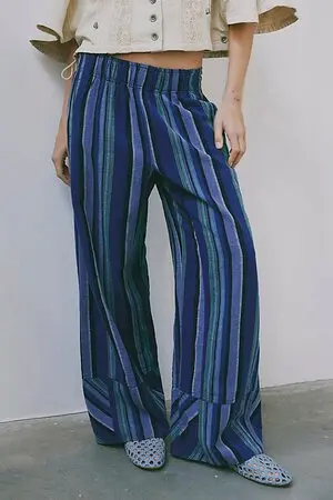 Free People Day's End Linen Striped Pull-on Pants - Navy Combo