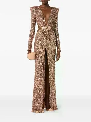 Elisabetta Franchi Red Carpet Sequined Maxi Dress With Belt