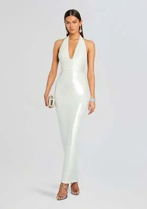 Retrofete Sequin Gown With Halter Neckline - Cream