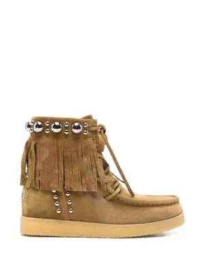 Valentino Garavani Studded Ankle Boots With Fringed Upper - Brown