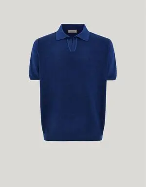 Canali Denim Open Collar Polo Shirt In Wool And Silk Blend - Blue