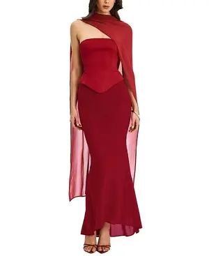 MISS CIRCLE NEW YORK Giselle Peplum Mermaid Gown With Chiffon Scarf - Crimson