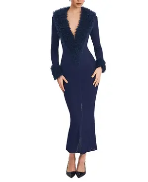 MISS CIRCLE NEW YORK Crochet Maxi Dress With Faux Fur Trim - Navy