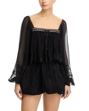 LoveShackFancy Ebbie Silk Top - Black