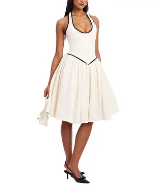 MISS CIRCLE NEW YORK U-neck Halter Tweed Midi Dress - White