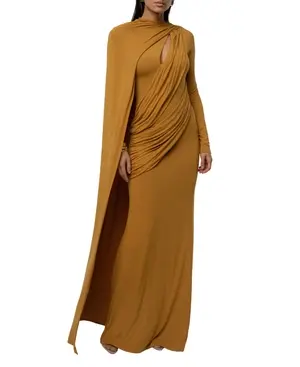 JLUXLABEL Draped Elegance Cape Maxi Dress - Gold