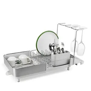 JOSEPH JOSEPH Extend Steel Plus Expandable Dish Rack With Wine Glass Holder Light Stone - White
