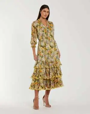 Mac Duggal Floral Chiffon Midi Dress - Yellow Multi
