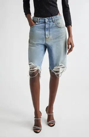 AREA Crystal Frayed Cutoff Denim Shorts