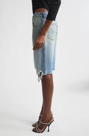AREA Crystal Frayed Cutoff Denim Shorts