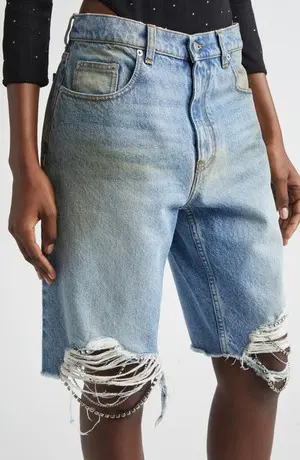 AREA Crystal Frayed Cutoff Denim Shorts