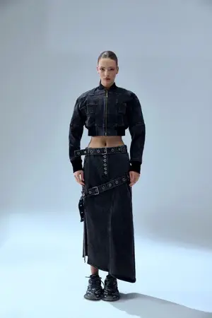 PCFG Colorblocked Denim Skirt With Belted Waist