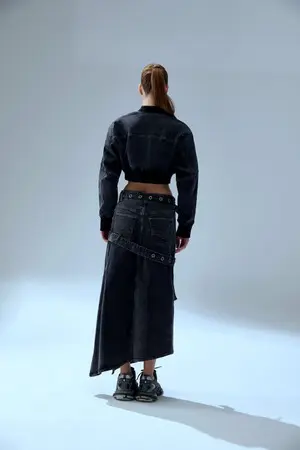PCFG Colorblocked Denim Skirt With Belted Waist