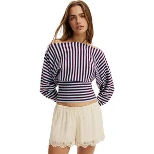 COTTON ON Everfine Ls Batwing Knit - Iced Marine Plum Stripe